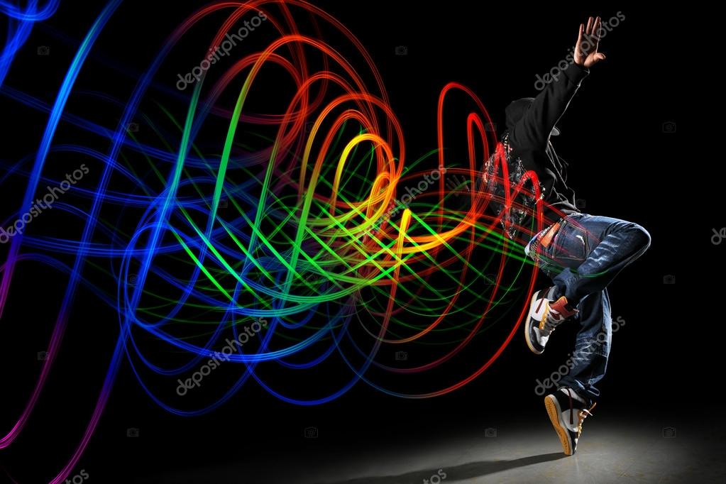 Dancer with Waves of Light Over Black Background — Stock Photo ...