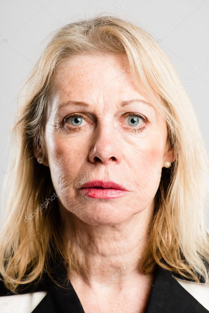 Serious woman portrait real high definition grey backgrou — Stock Photo ...