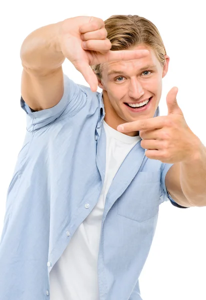 Happy Man Thumbs Up Sign Full Length Portrait On White Backgroun Stock