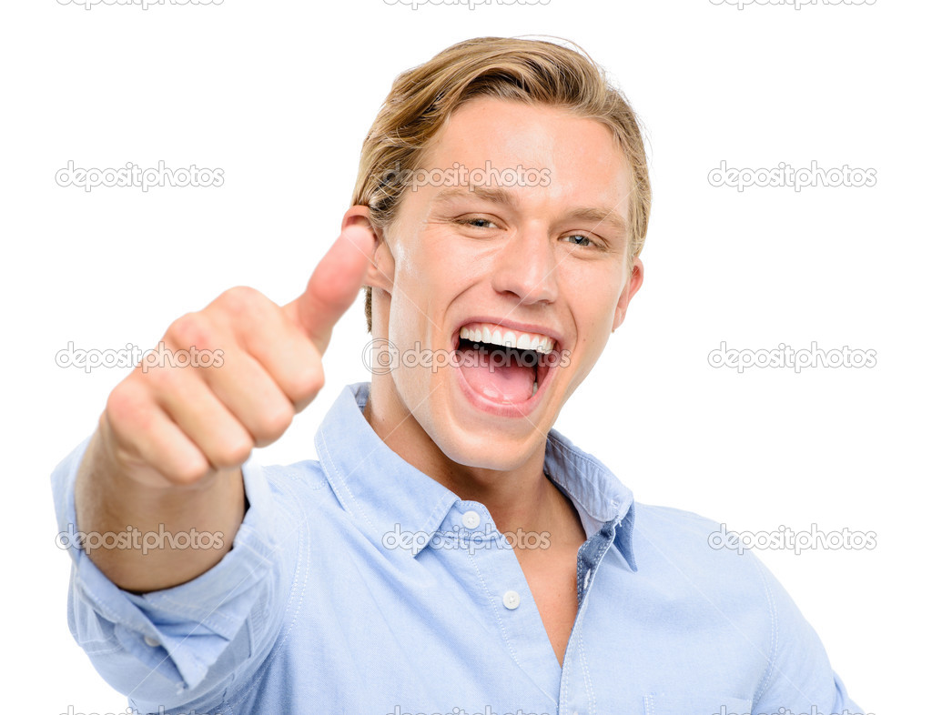 Happy young man holding thumbs up isolated on white background — Stock ...