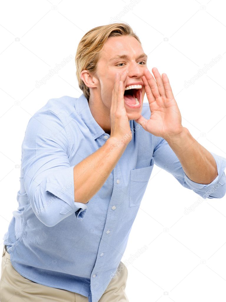 Attractive young man shouting isolated on white background Stock Photo ...
