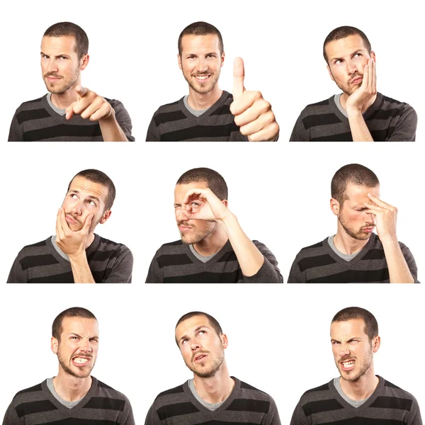 Young man face expressions composite isolated on white background Stock ...