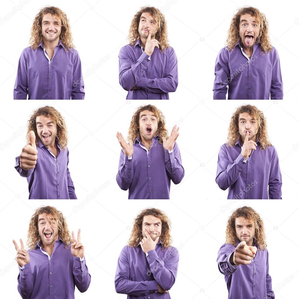 Young man face expressions composite isolated on white backgroun Stock ...