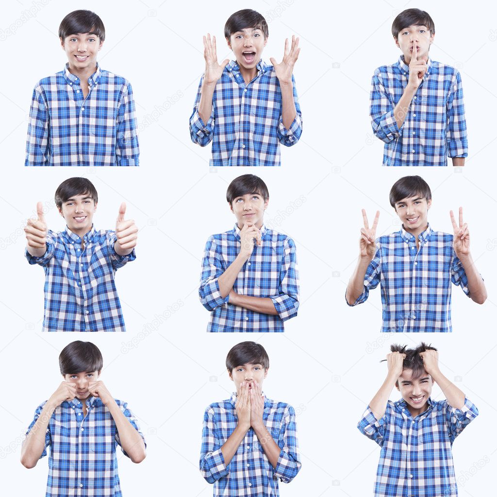 Young teen face expressions composite isolated on white background ...