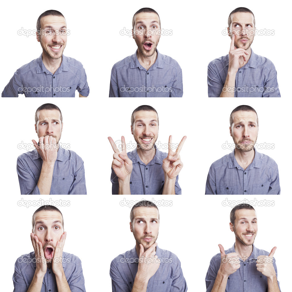Young man funny face expressions composite isolated on white background ...