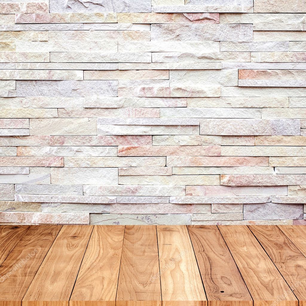 Suelo de madera con fondo de pared de piedra de mármol — Foto de stock ...
