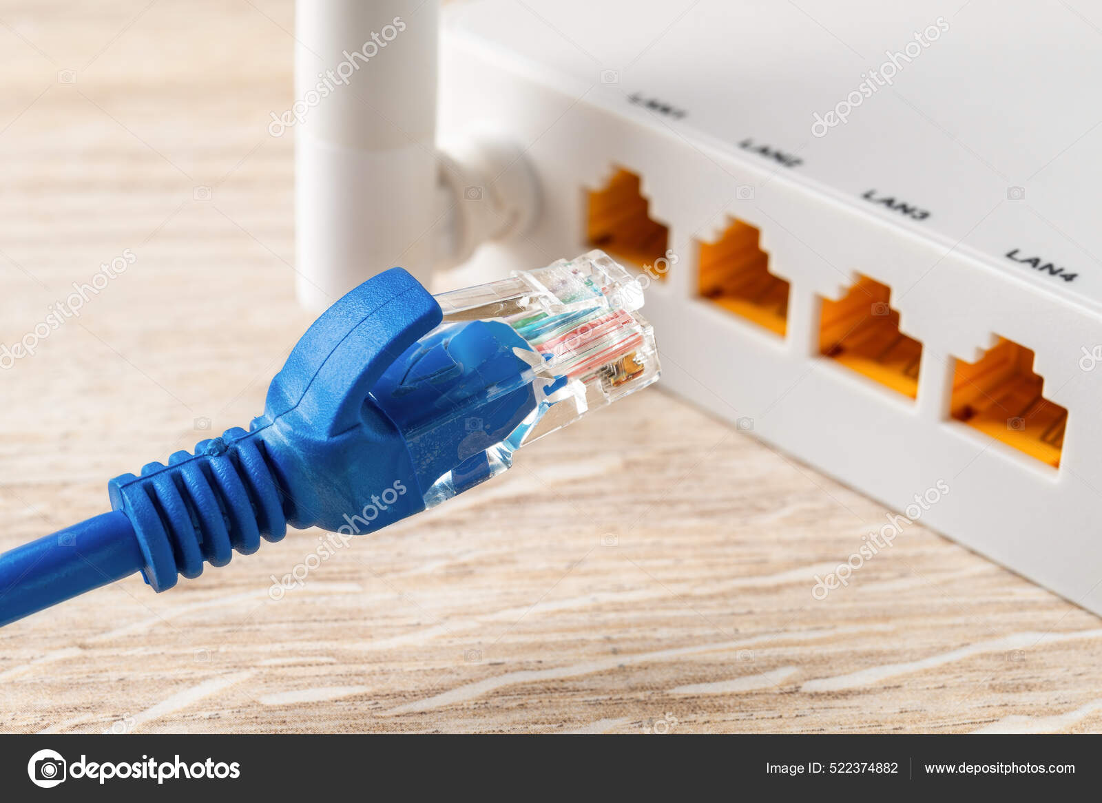 Blue Network Cable Plug Almost Inserted Yellow Socket White Wireless ...