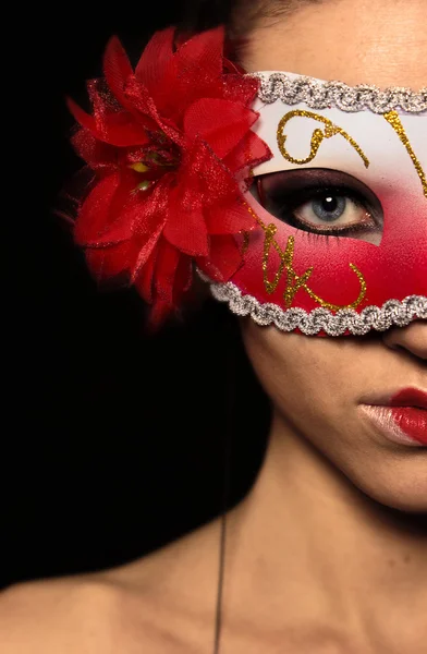 Beautiful young woman in a red mysterious mask — Stock Photo ...