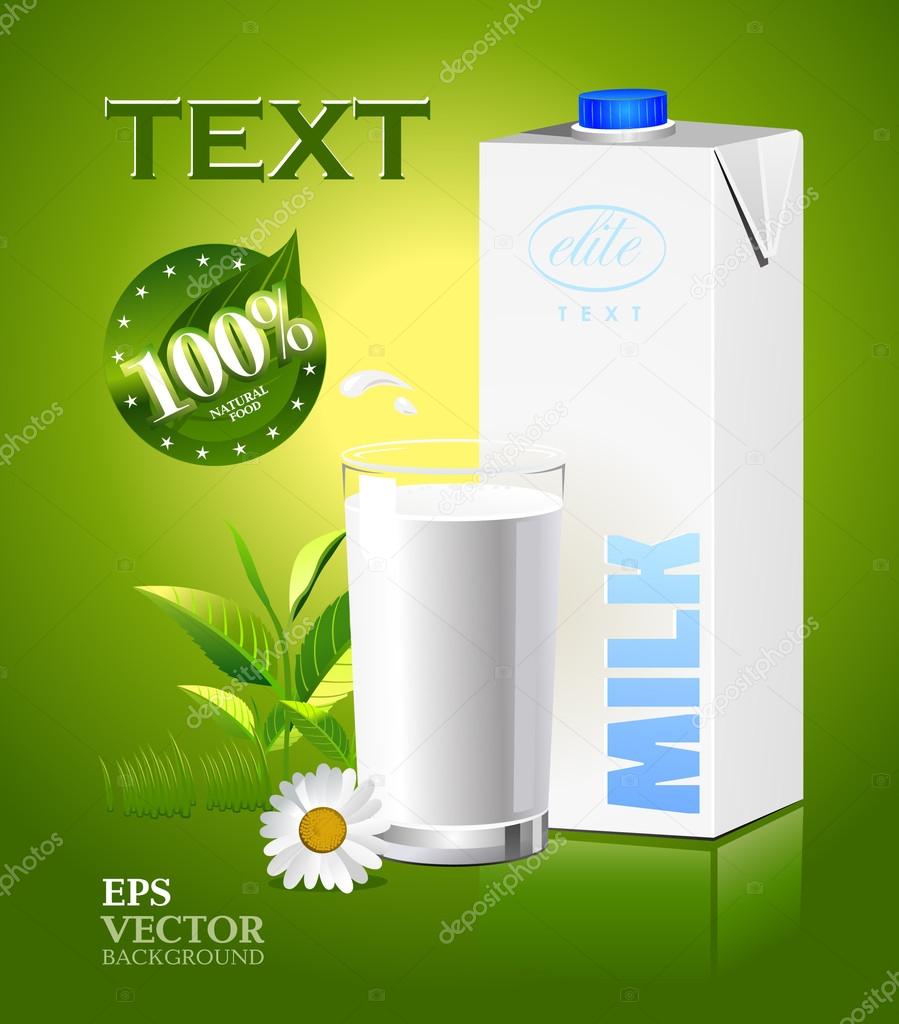 Glass of milk and a package on a natural green background Stock Vector ...
