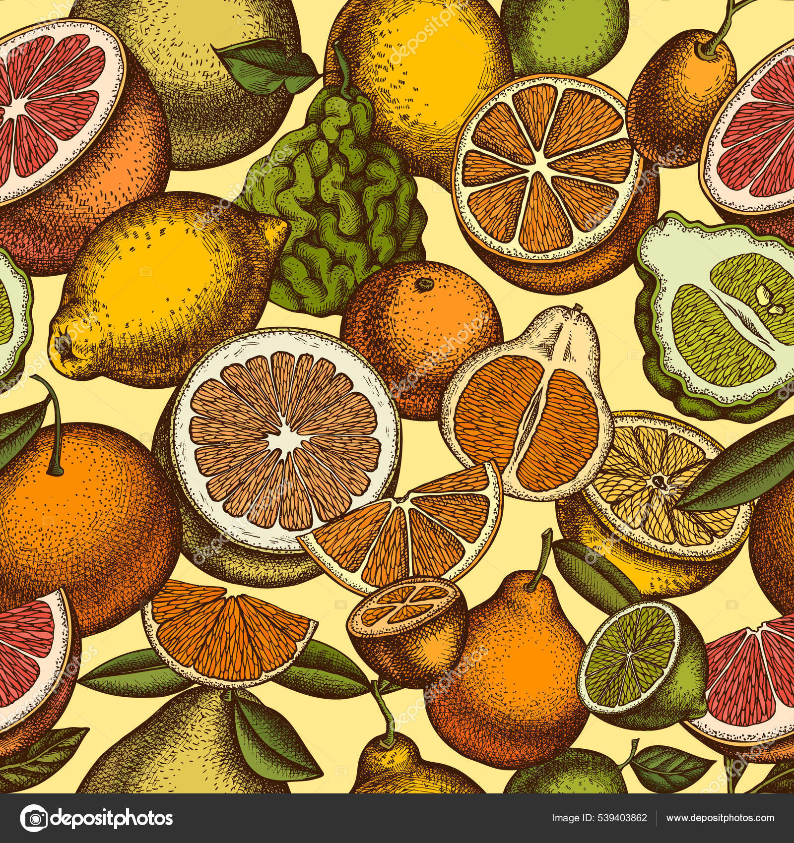 Citrus seamless pattern background design. Engraved style. Hand drawn kumquat, lemon, tangelo ...