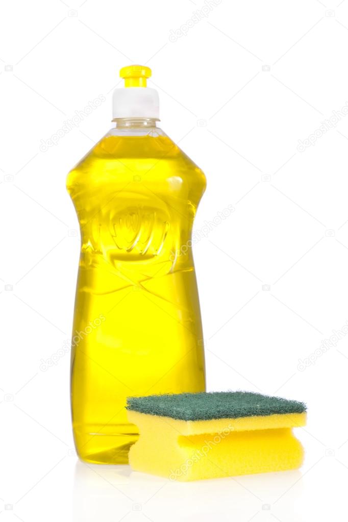 Liquid detergent bottle and scouring pad for dish washing isolated on ...