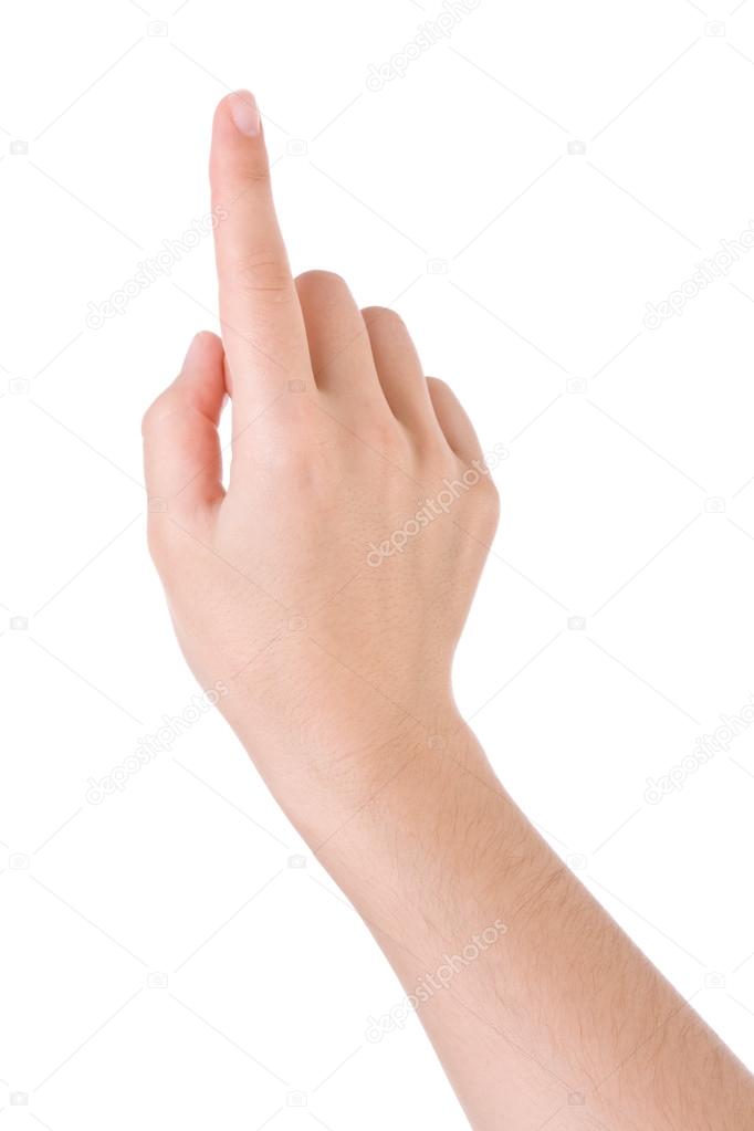Mano apuntando, tocando o presionando aislada sobre blanco. Mujer ...