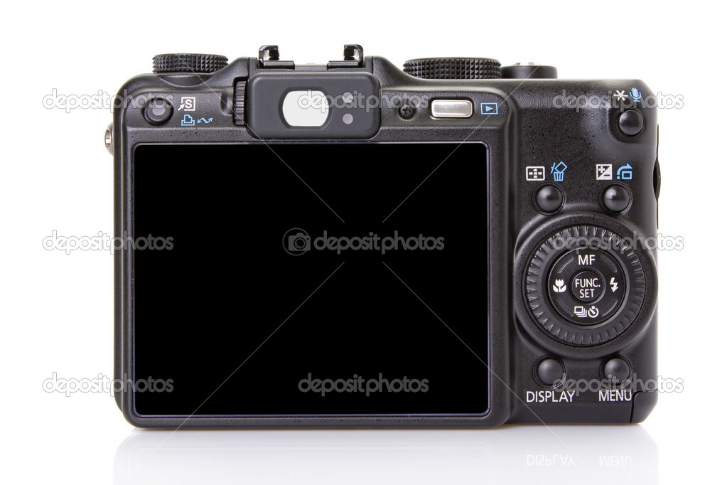 Back of black digital compact camera isolated on white Stock Photo by ...