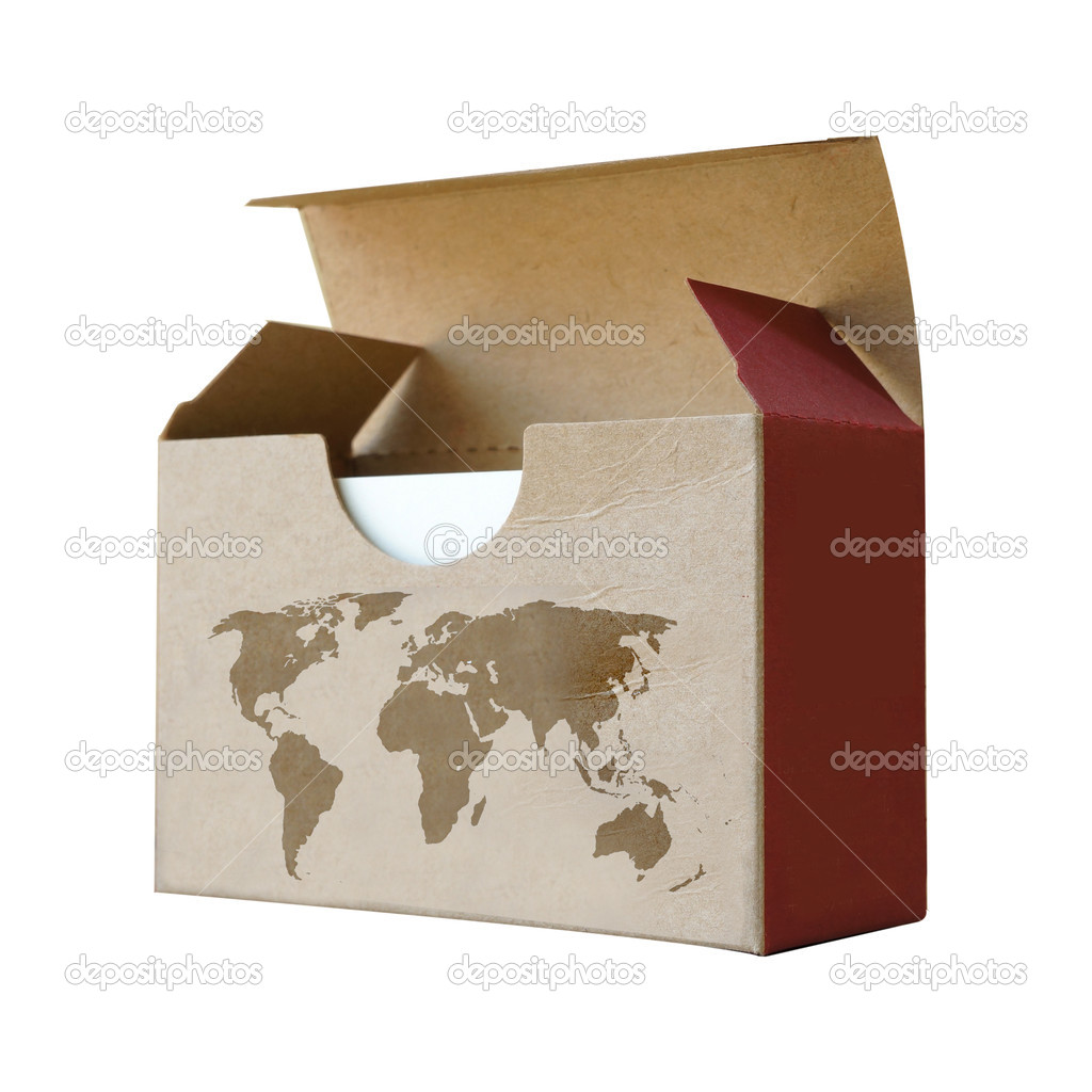 Cardboard box front side with map world isolated on white background ...