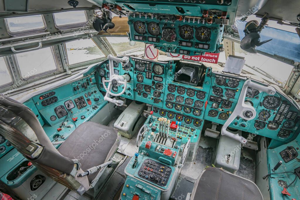 IL-62 cockpit. Aircraft interior, cockpit view inside the airliner ...