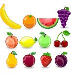 Cartoon orange, banana, apples, strawberry, pear, cherry, peach, plum ...