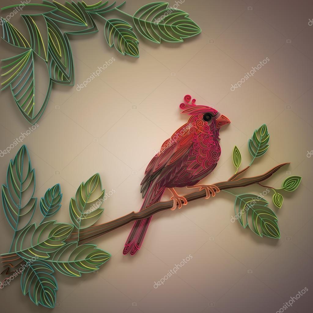 Red paper quilling cardinal bird decorative card background — Stock ...