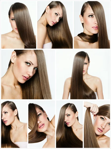 Fashion hairstyle collage, natural long shiny healthy hair — Stock ...