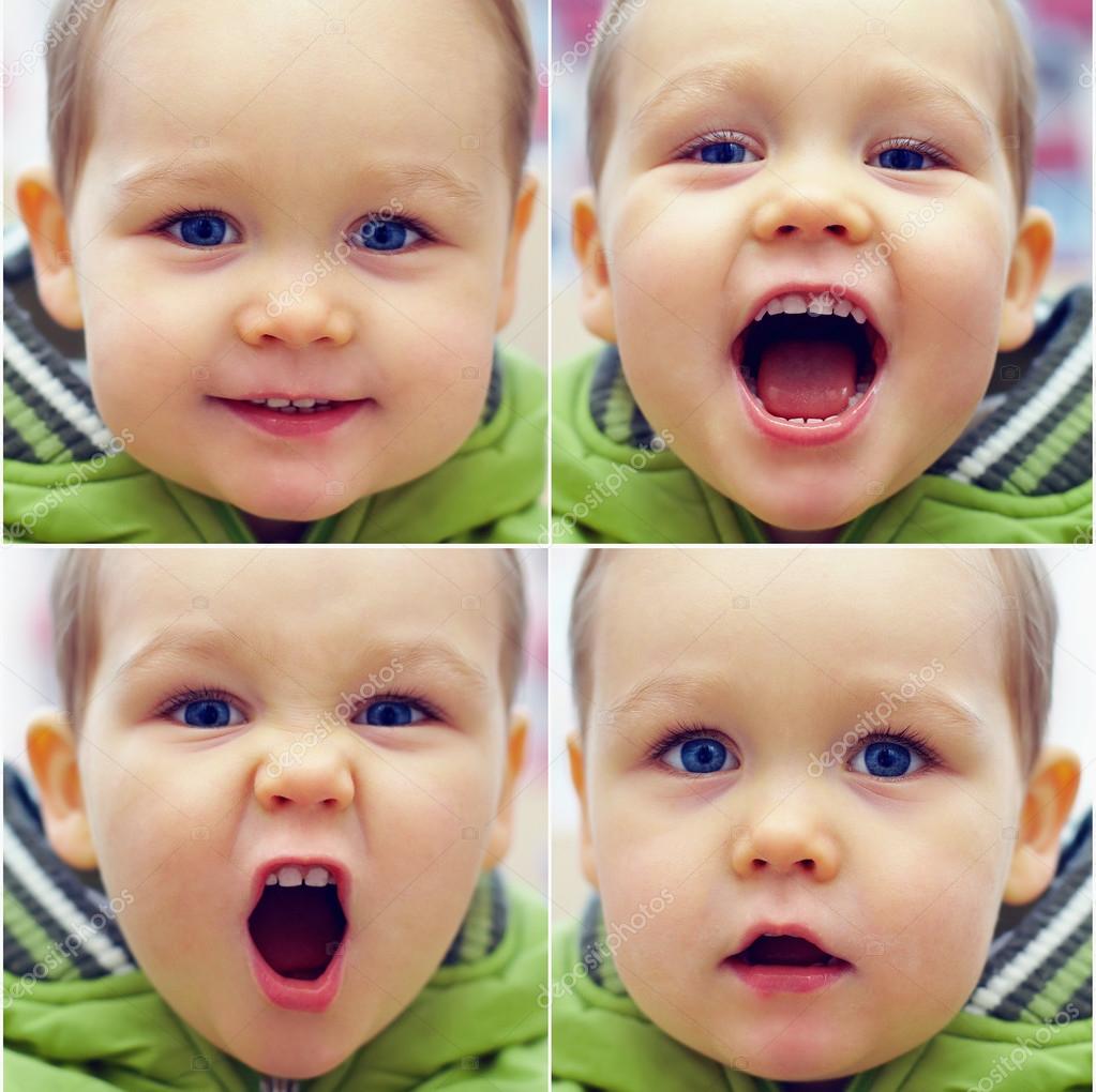Close-up portrait of different face expressions of small baby boy ...