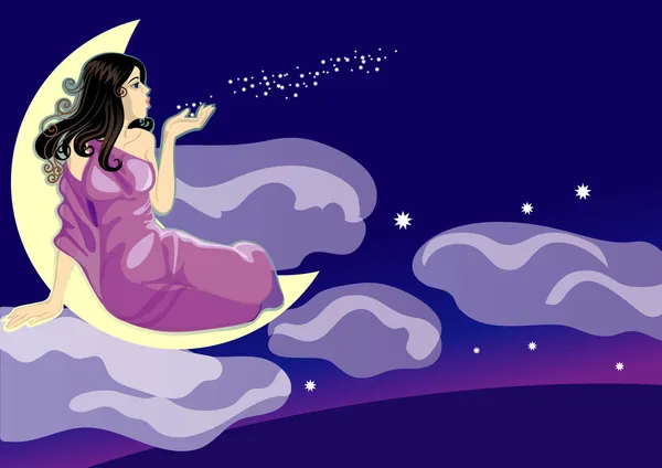 Animation cute witch on a background of the night sky and the moon ...