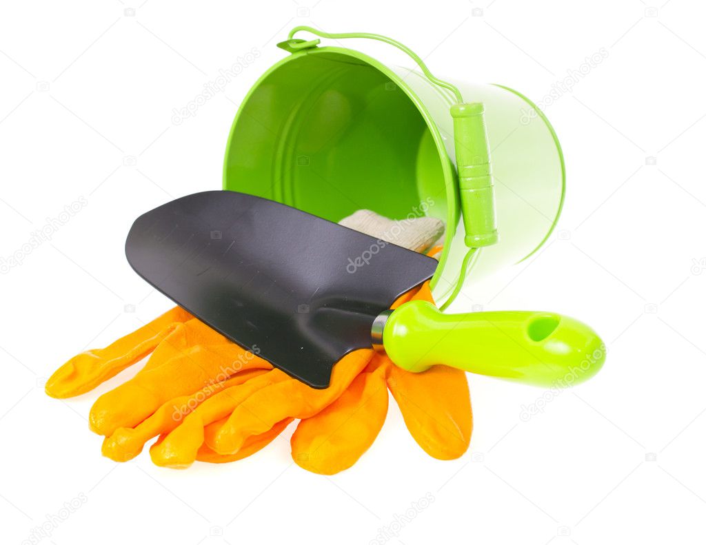 Bucket, Shovel, Seeds, Dlay Isolated on White — Stock Photo ...