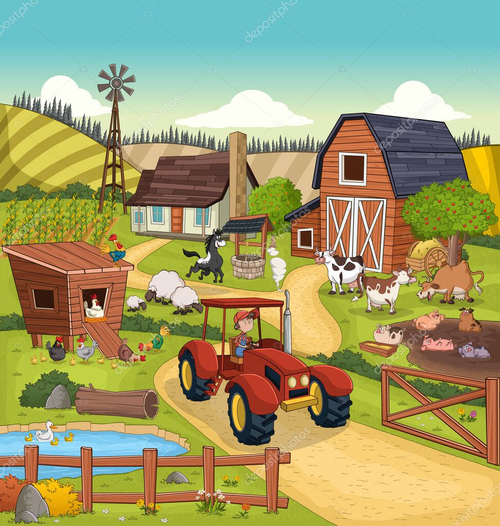 Granja de dibujos animados con animales y granjero en tractor. Fondo de ...