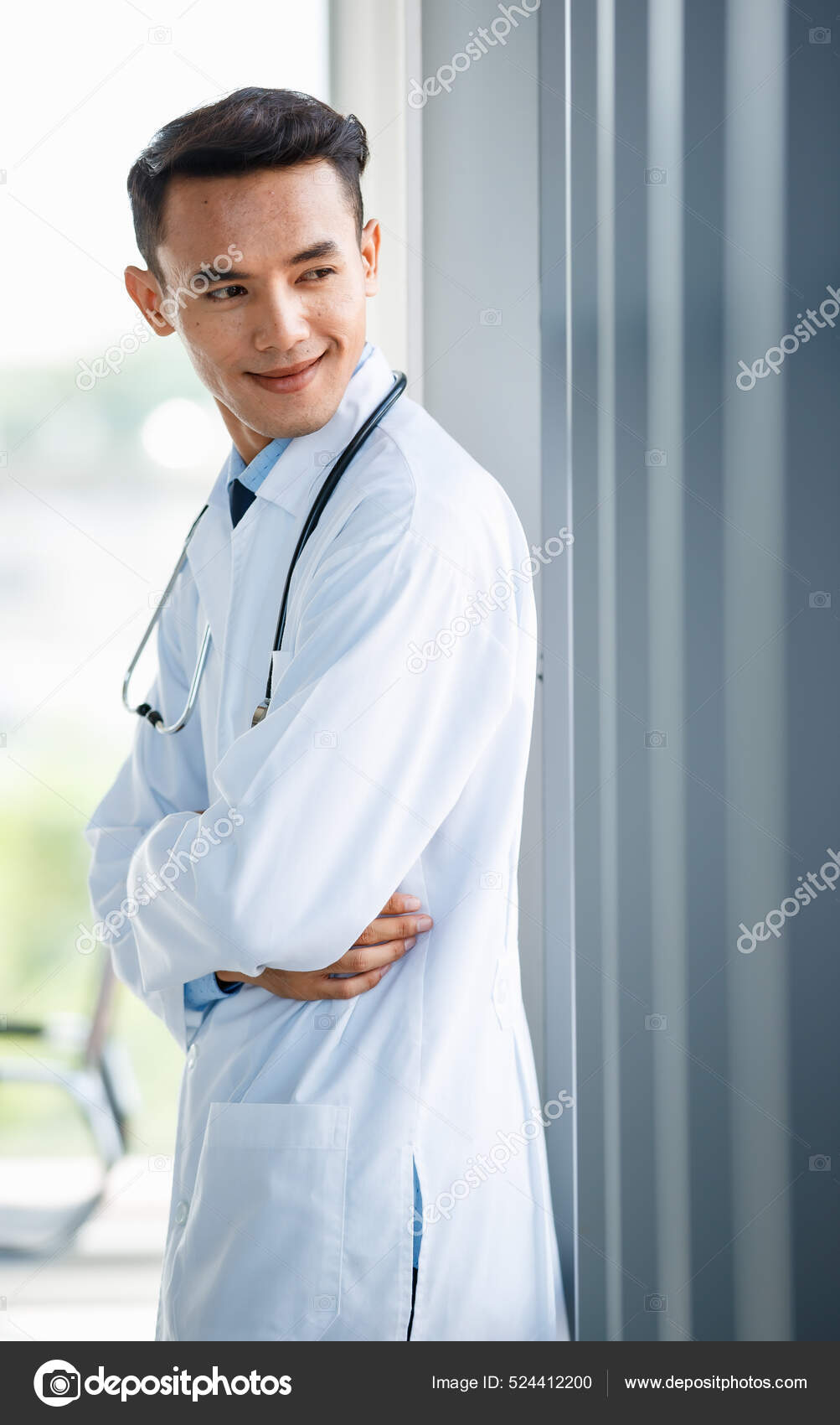 Cheerful Young Cute Asian Male Doctor Uniform Stethoscope Standing Clinic — Stock Photo ...