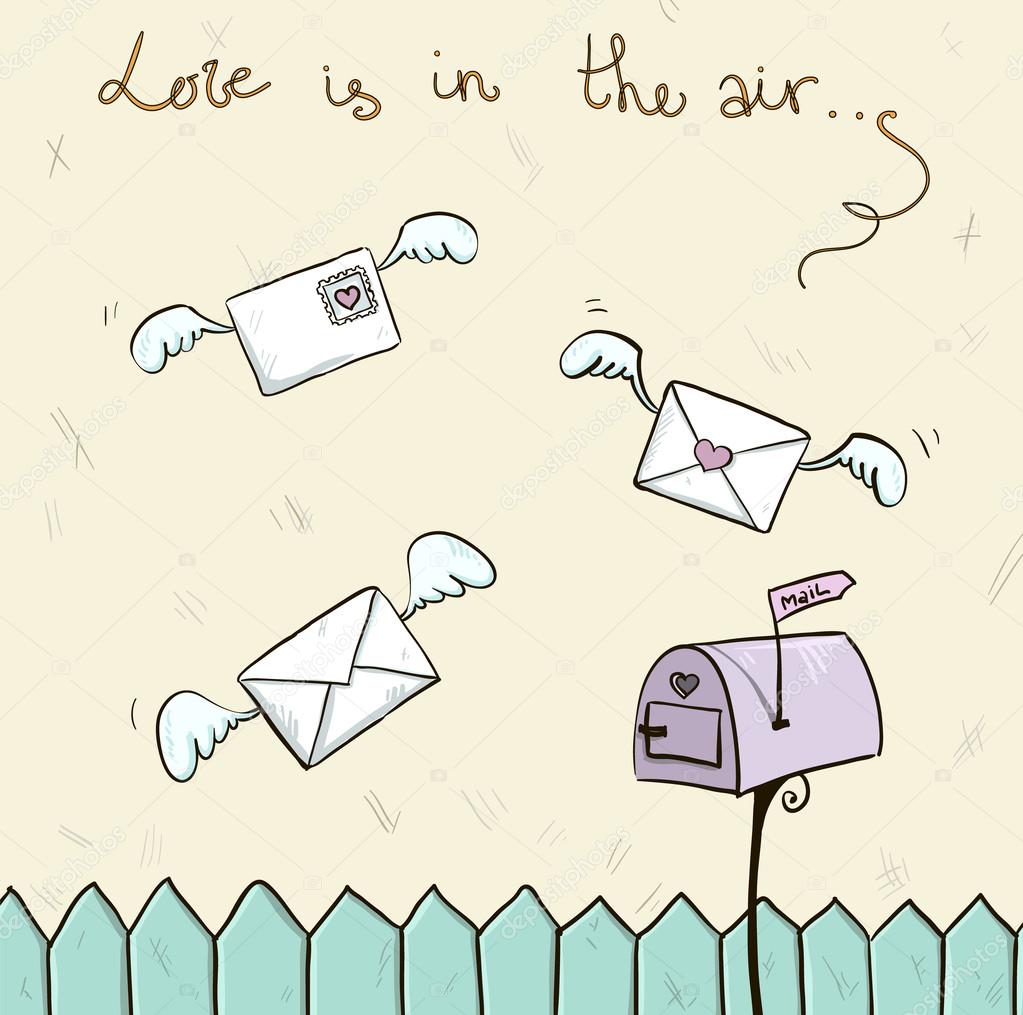 Love is in the air. Winged letters, mailbox. St. Valentine's post ...