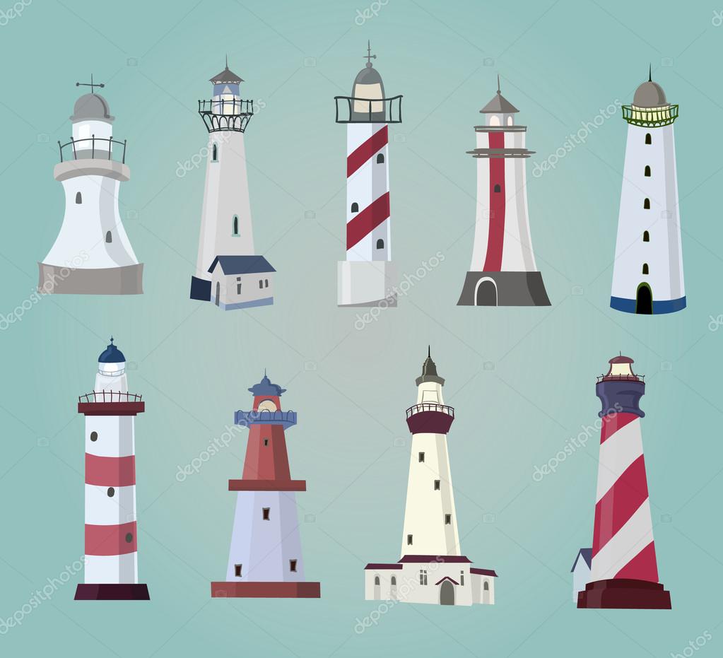 Cartoon lighthouses | Set of cartoon lighthouses. Flat icons. — Stock ...