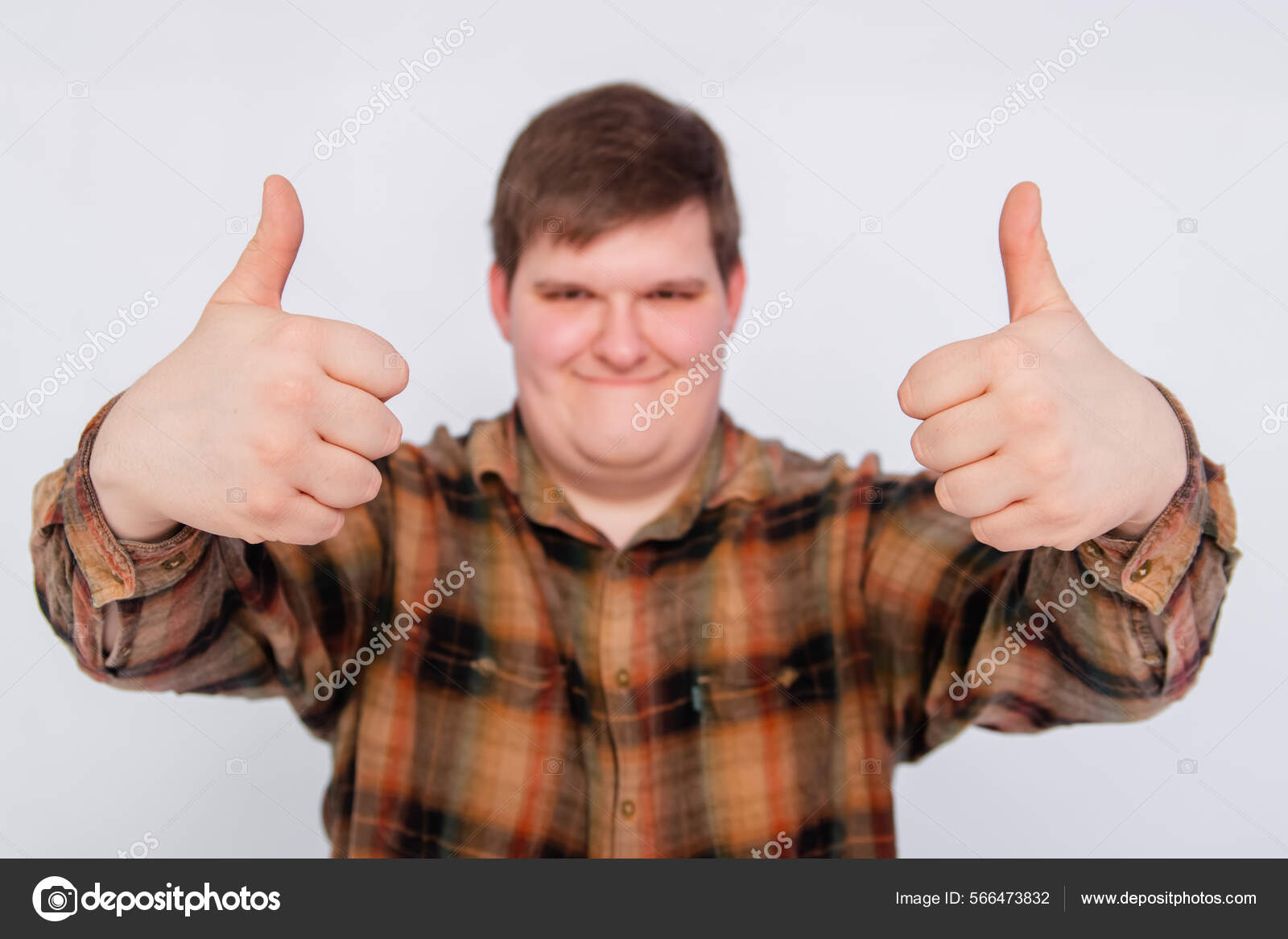 Selective Focus Thumb Fat Guy Shows Hand Gesture Isolated White — Stock ...