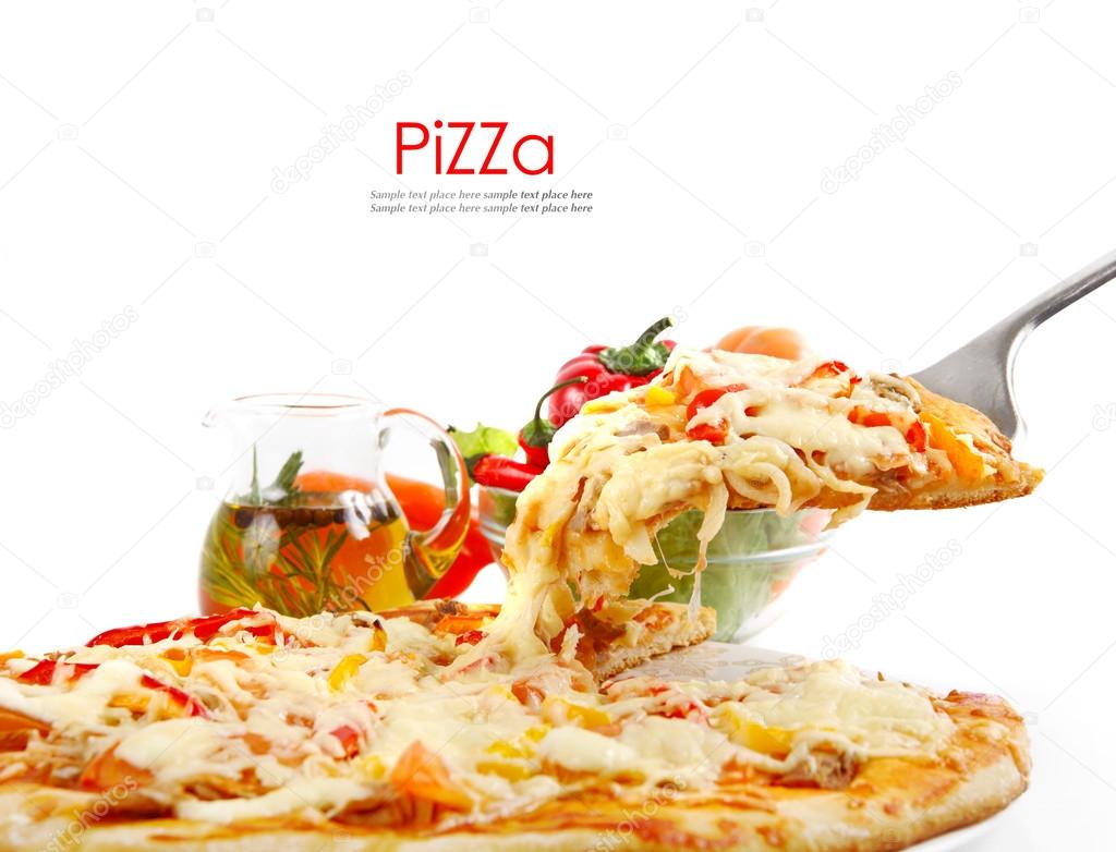 Supreme Pizza lifted slice with tuna and paprika isolated over white ... Supreme Pizza lifted slice with tuna and paprika isolated over white ...
