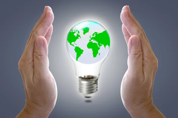 Abstract globe in the light bulb with plant growing up, protect Stock ...