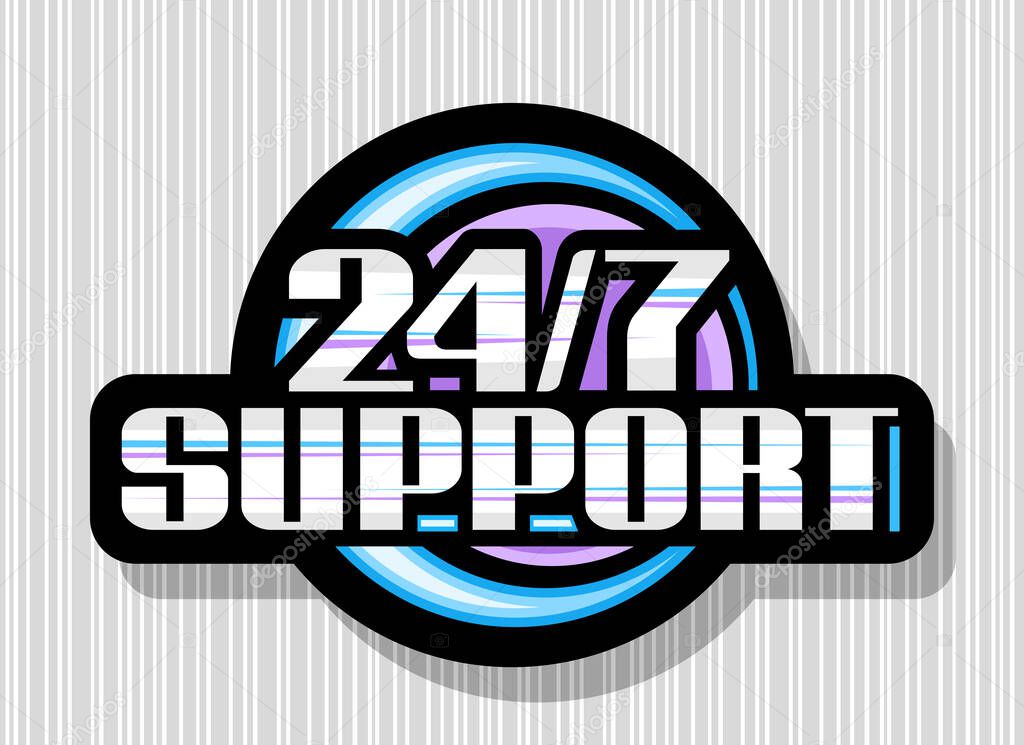 Logotipo vectorial para soporte 24 / 7, señalización aislada negra con ilustración de círculos ...