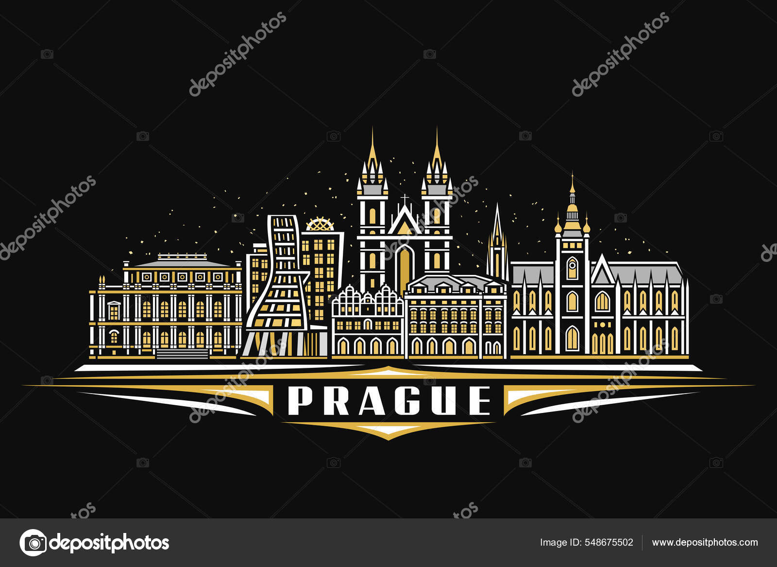 Vector Illustration Prague Dark Horizontal Poster Linear Design Famous ...