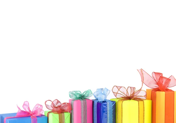 Colorful gifts boxes with ribbons bows, card on white — Stock Photo ...