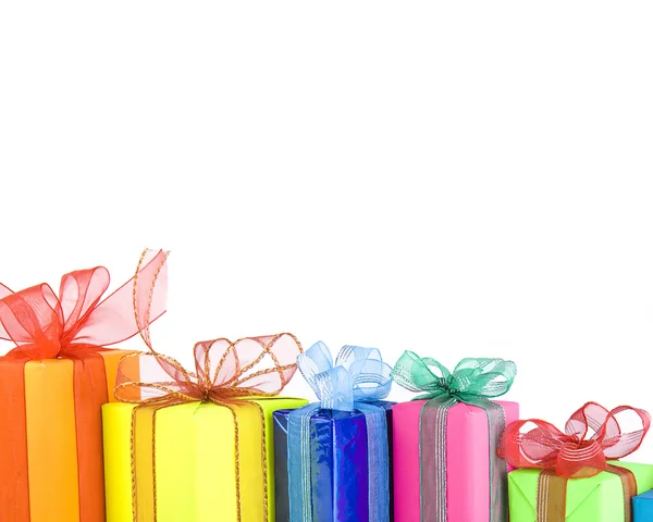 Colorful gifts boxes with ribbons bows, card on white — Stock Photo ...