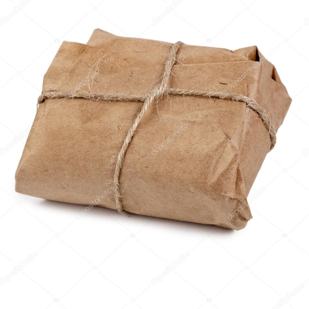 Parcel package wrapped with brown kraft paper tied rope isolated on ...