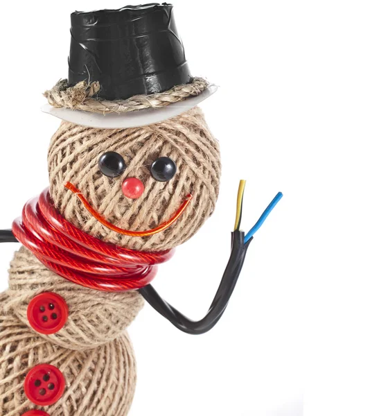 Happy Snowman made of yarn, rope, wire, tape with paper card — Stock ...