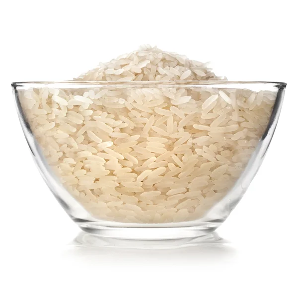 Polished long rice heap in small glass bowl, isolated on white Stock ...