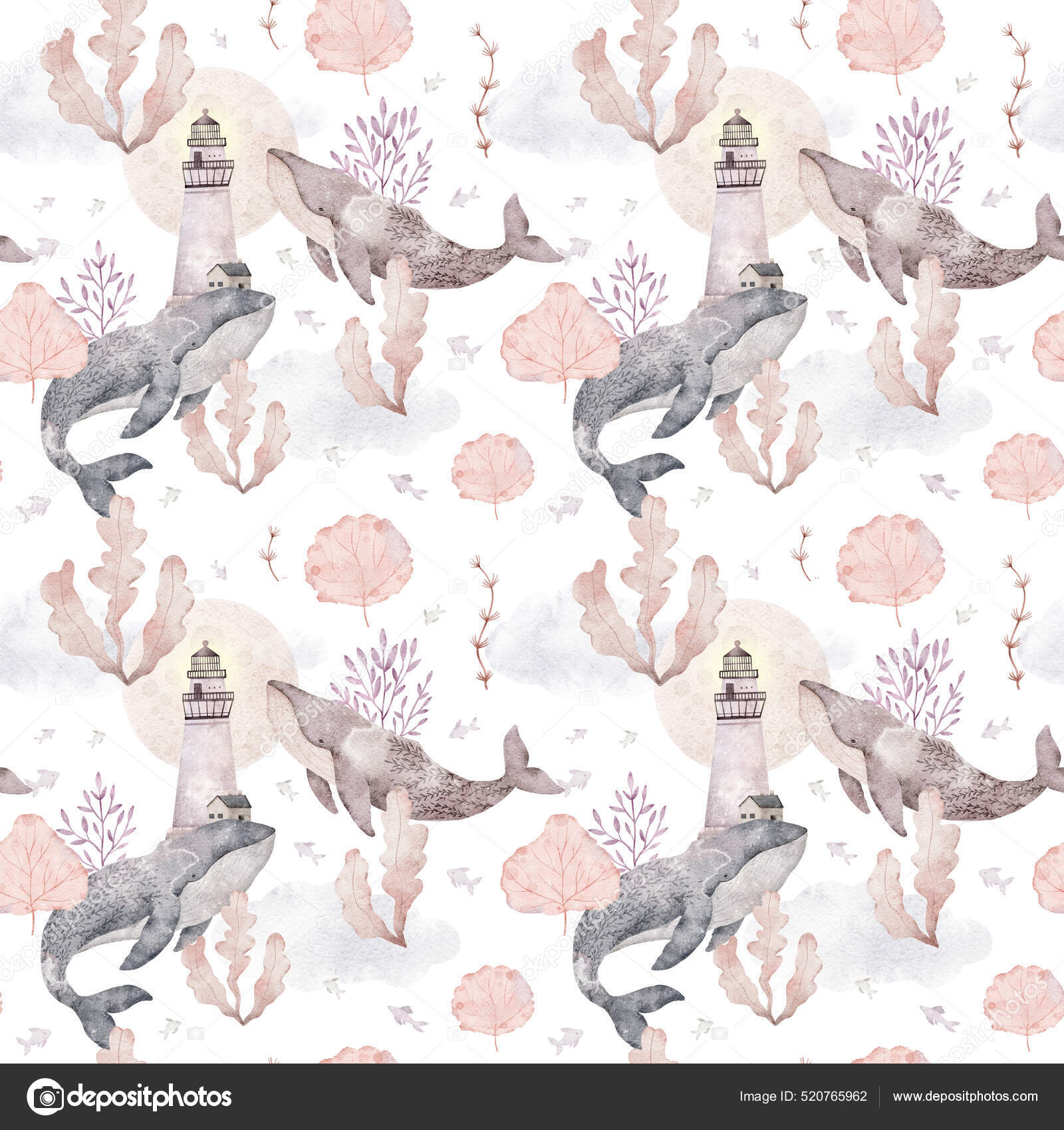 Watercolor Seamless Pattern Underwater World Cute Whales Fish Plants ...