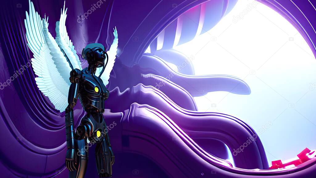 3d ilustración - ciborg ángel de la muerte aleteo con alas. 2022