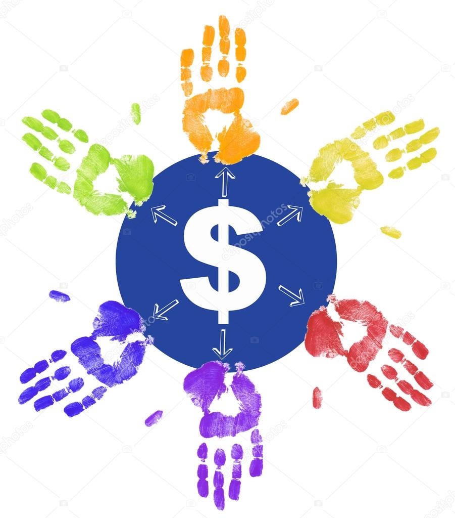 Colorful hand prints dividing up the money and taking their share Stock ...