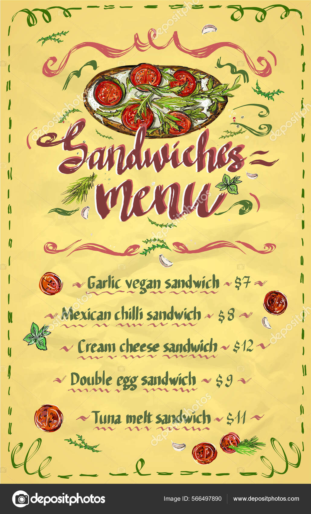 Sandwiches Menu List Hand Drawn Vector Graphic Sketch Illustration ...