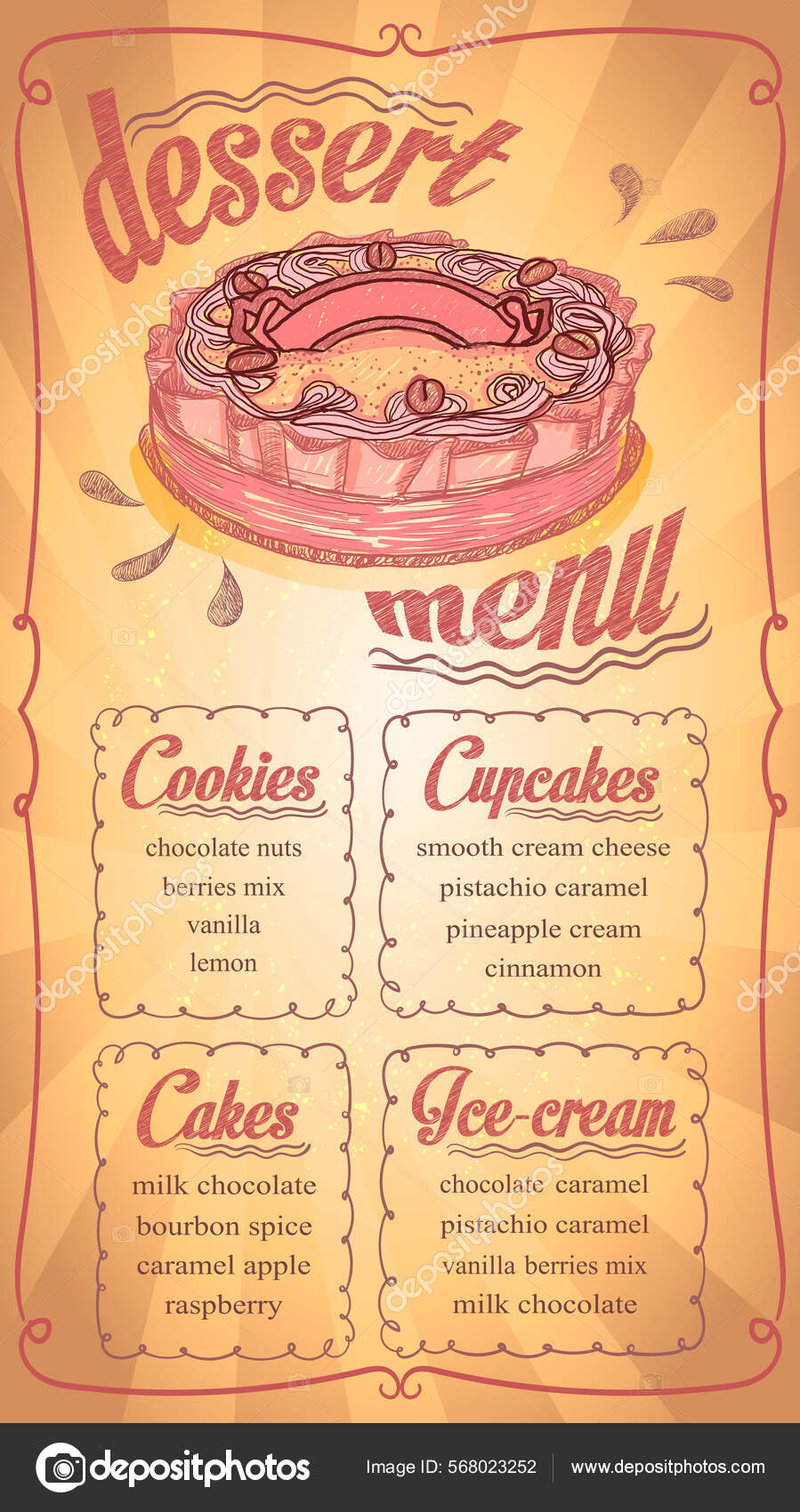 Dessert Menu List Vintage Style Template Cupcakes Cakes Ice Cream Stock ...