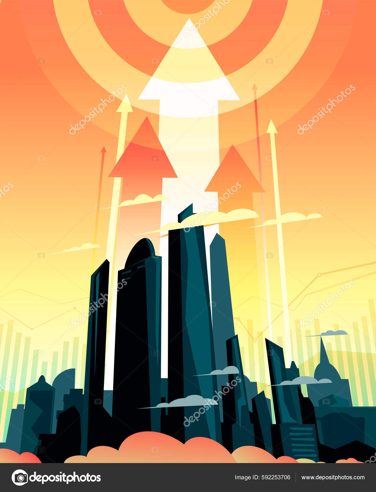 Huge Growing Morning Metropolis Cartoon Vector Illustration Arrows ...