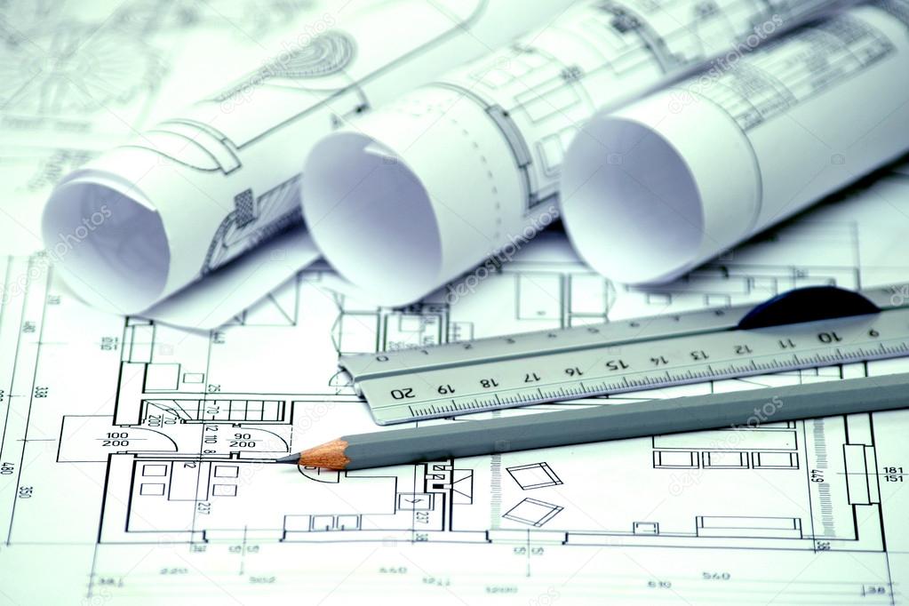 montón de diseño arquitectónico y proyecto los planos planos de — Foto ...