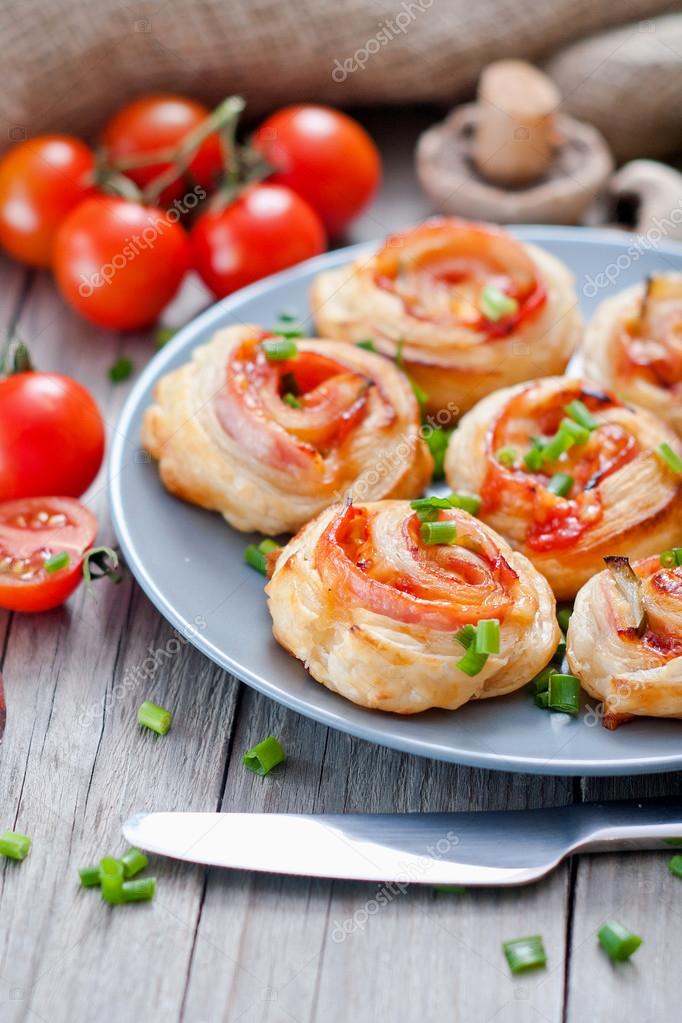 Puff pastry rolls with ham and chese. Baked snacks Stock Photo by ...