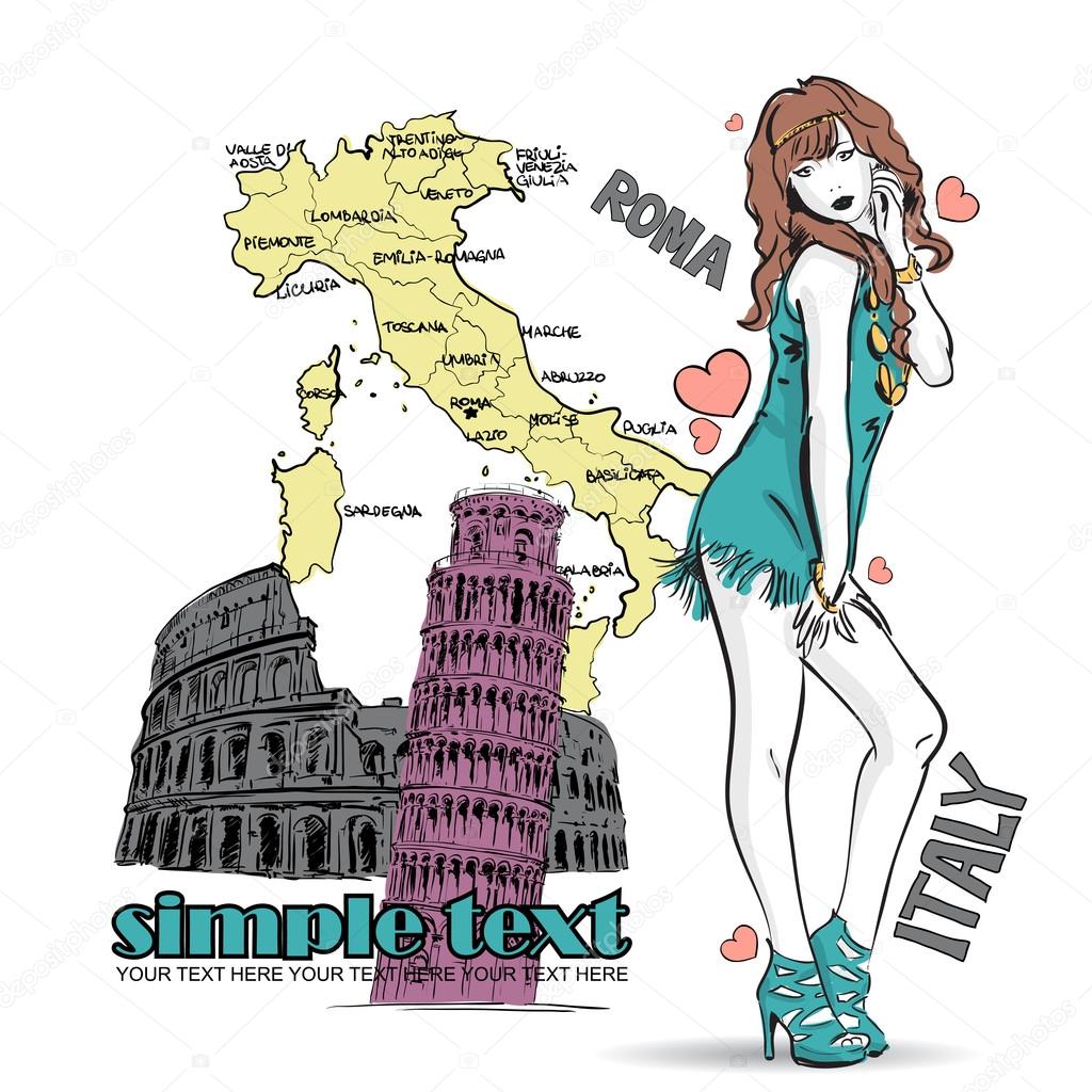 Lovely girl in sketch-style on a italian background Stock Vector Image ...