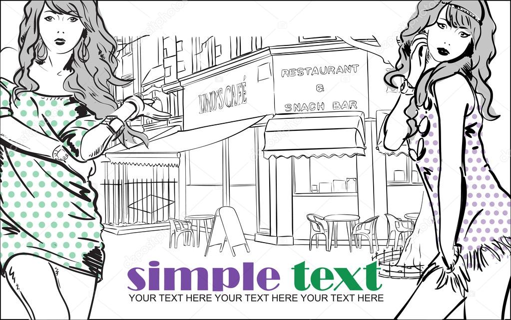 Two fashion girls in sketch style on a street-cafe background. Stock ...