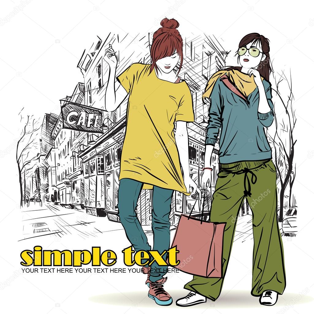 Two fashion girls in sketch style on a street-cafe background. Stock ...